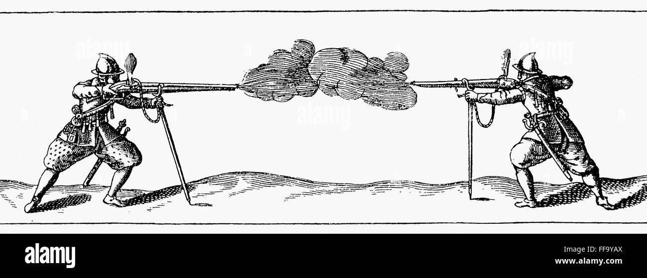 HARQUEBUS, c1616. /nThe first firearm fired from the shoulder. Line ...