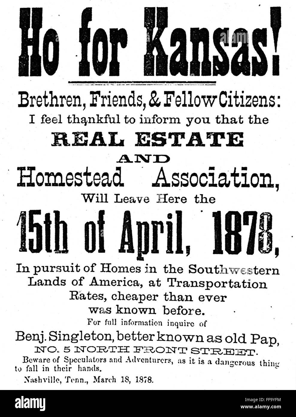 BLACK EXODUS: HANDBILL, 1878. /nHandbill issued by Benjamin 'Pap ...
