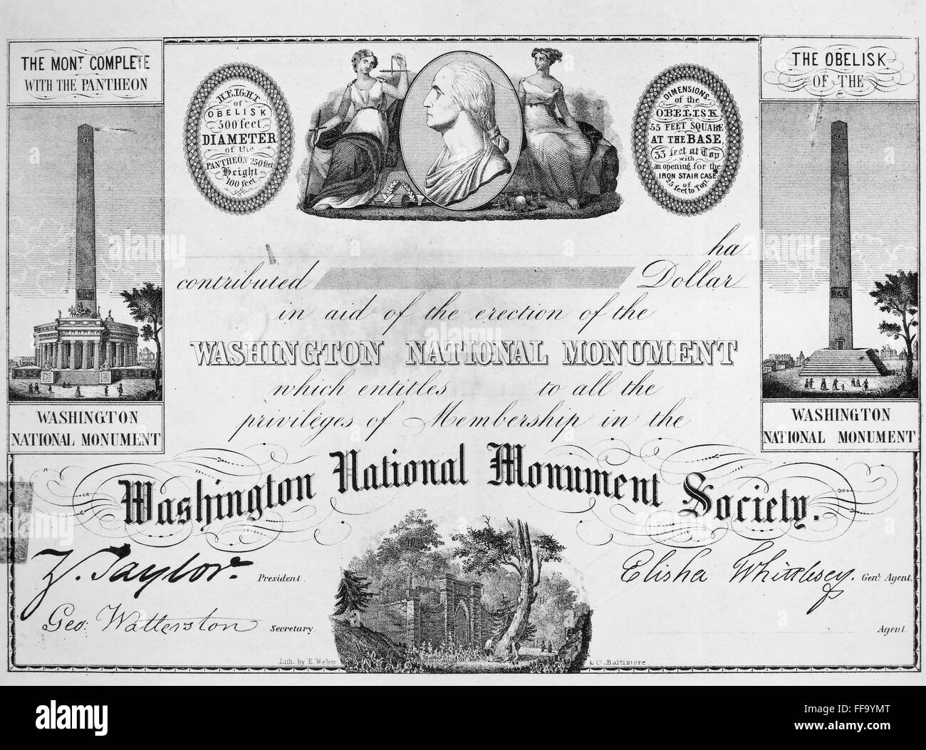 WASHINGTON MONUMENT, 1850. /nCertificate of membership and thanks to a ...