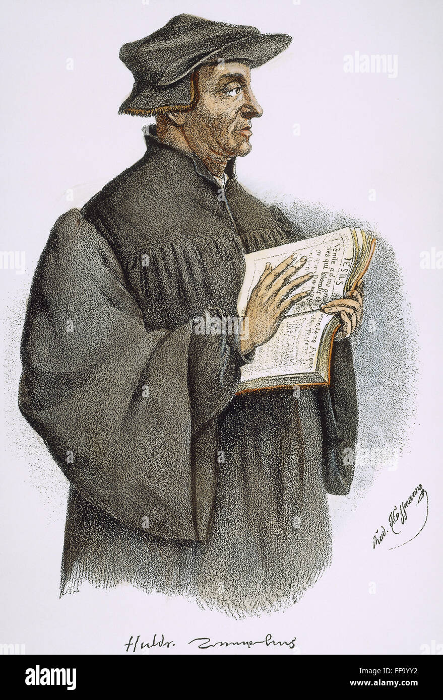 HULDREICH ZWINGLI /n(1484-1531). Swiss religious reformer. Lithograph ...