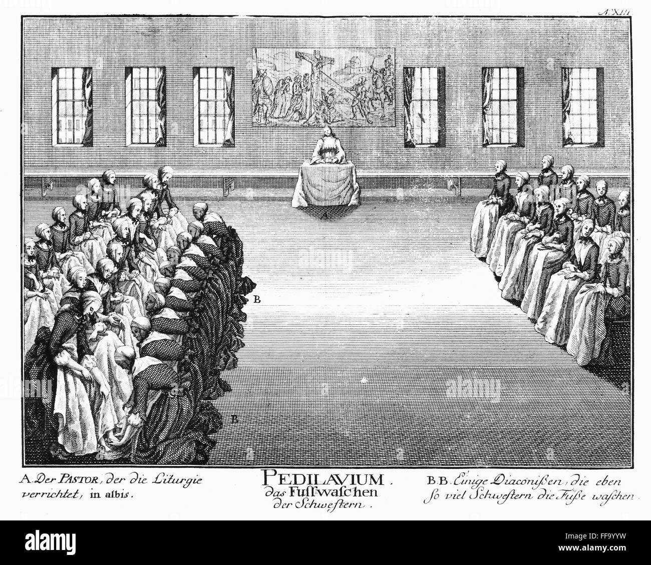 MORAVIANS, 1757. /nRitual foot washing by Moravian women. Line ...