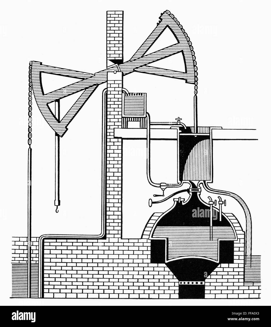NEWCOMEN'S STEAM ENGINE. /nSchematic diagram of Thomas Newcomen's steam ...
