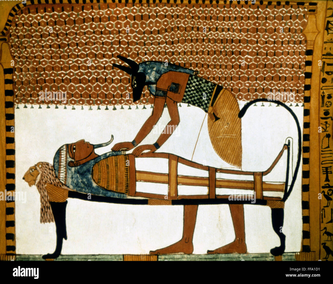 ANCIENT EGYPT: ANUBIS. /nThe god Anubis mummifies a dead body. Painting ...