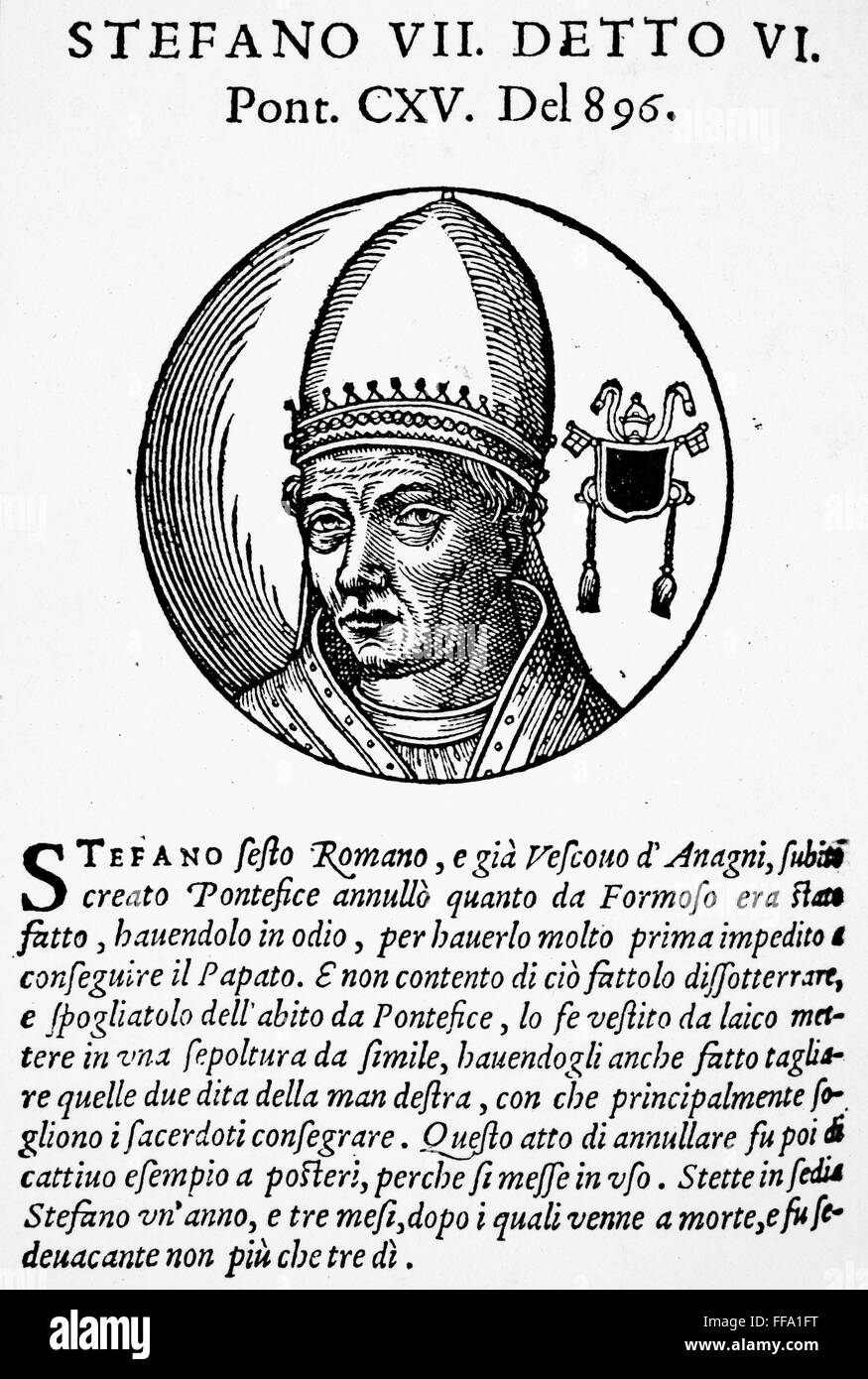 STEPHEN VI (d. 897). /nPope, 896-897. Woodcut, Venetian, 1592 Stock ...