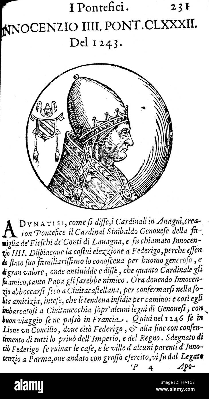 POPE INNOCENT IV (d. 1254). /nPope, 1243-1254. Woodcut, Italian, 1592 ...