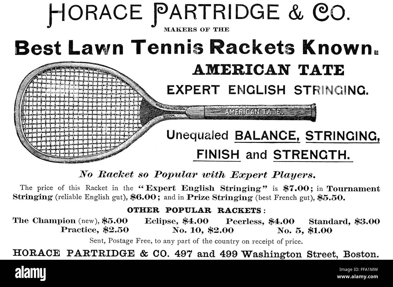 TENNIS RACKET, 1890. /nAmerican magazine advertisement Stock Photo - Alamy