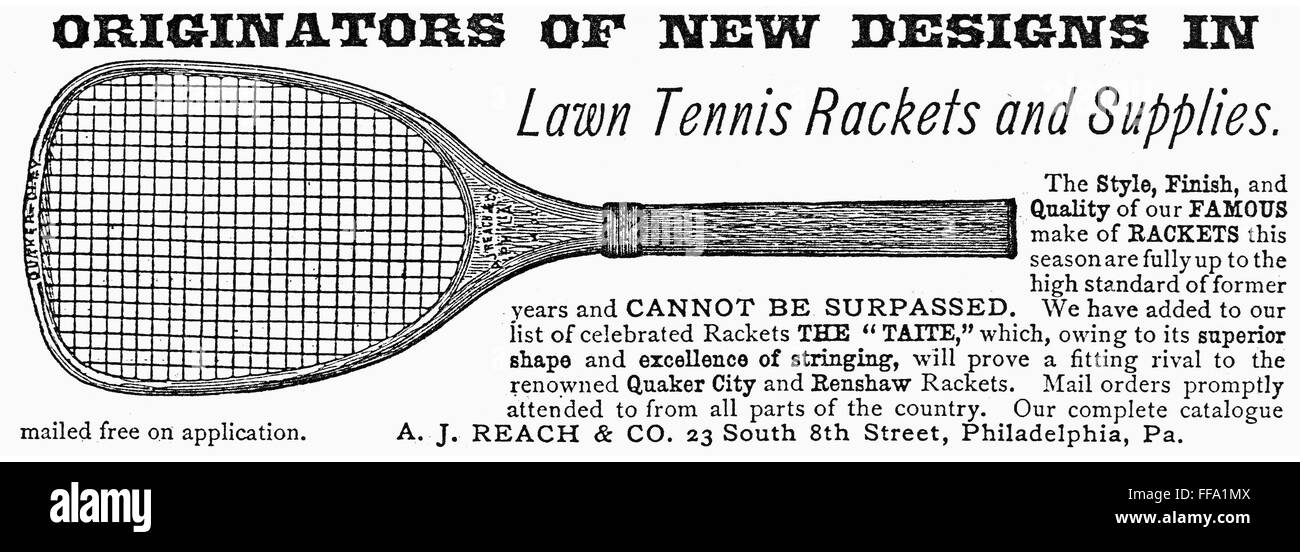 TENNIS RACKET, 1887. /nAmerican magazine advertisement Stock Photo - Alamy