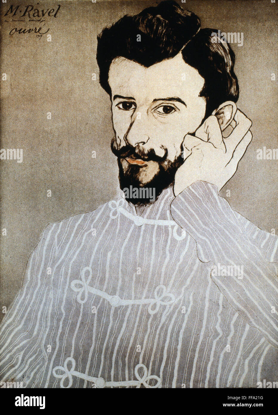MAURICE RAVEL (1875-1937). /nFrench composer. In his pyjamas. Drypoint ...
