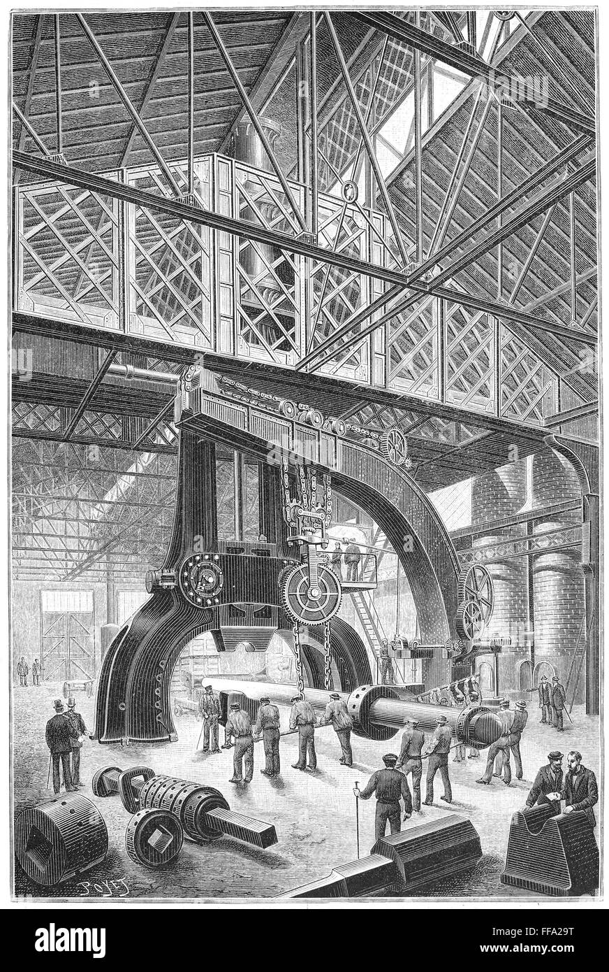 STEEL WORKS, 1892. /nSteam-powered drop forge. Line engraving, French ...