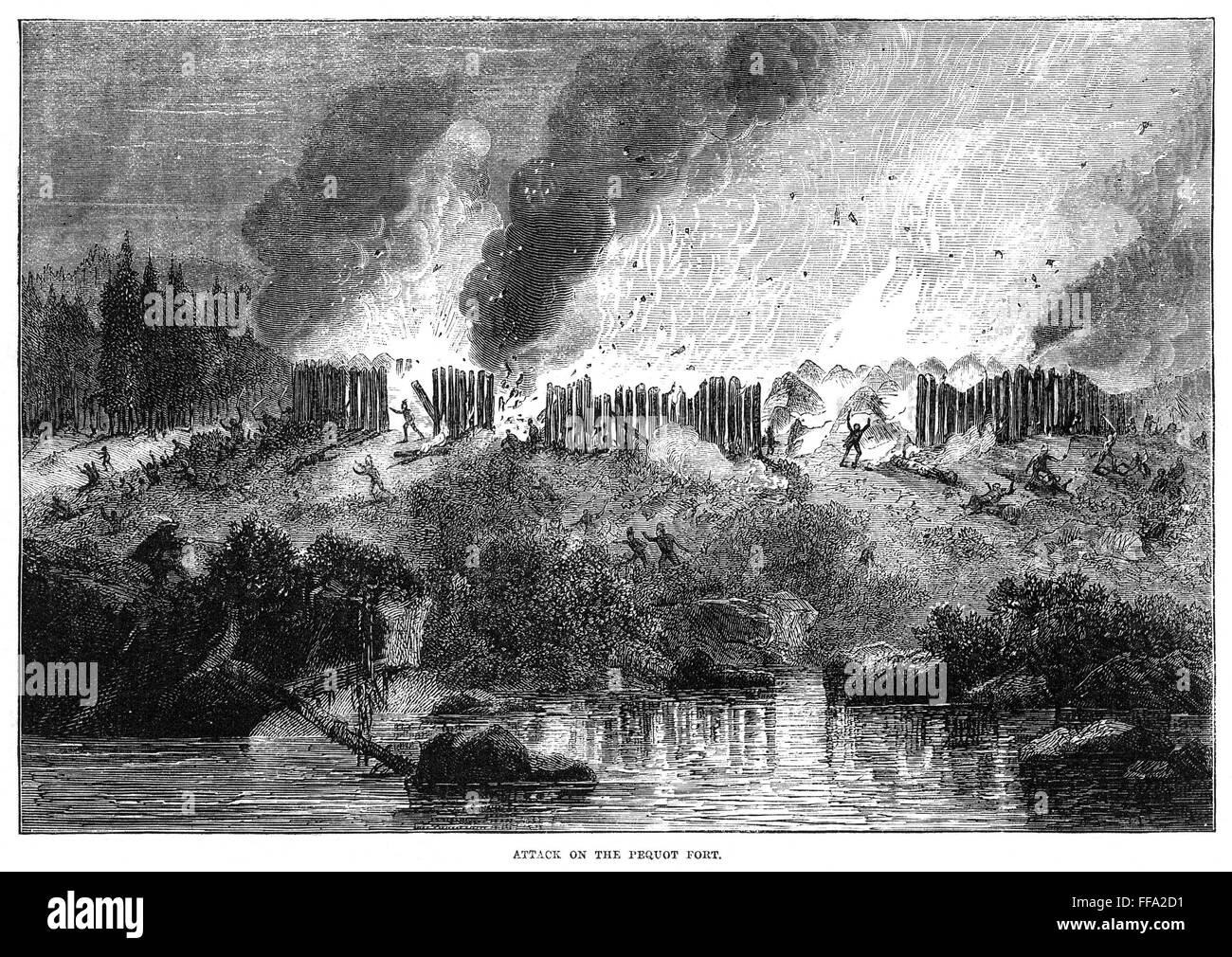 PEQUOT MASSACRE, 1637. /nThe destruction of the Pequots and their fort ...