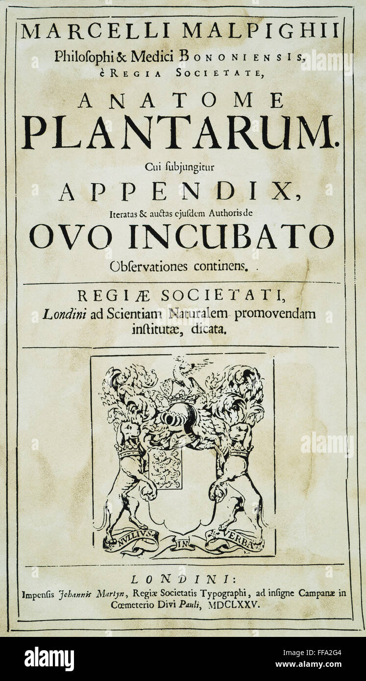 MARCELLO MALPIGHI /n(1628-1694). Italian anatomist. Title-page to ...