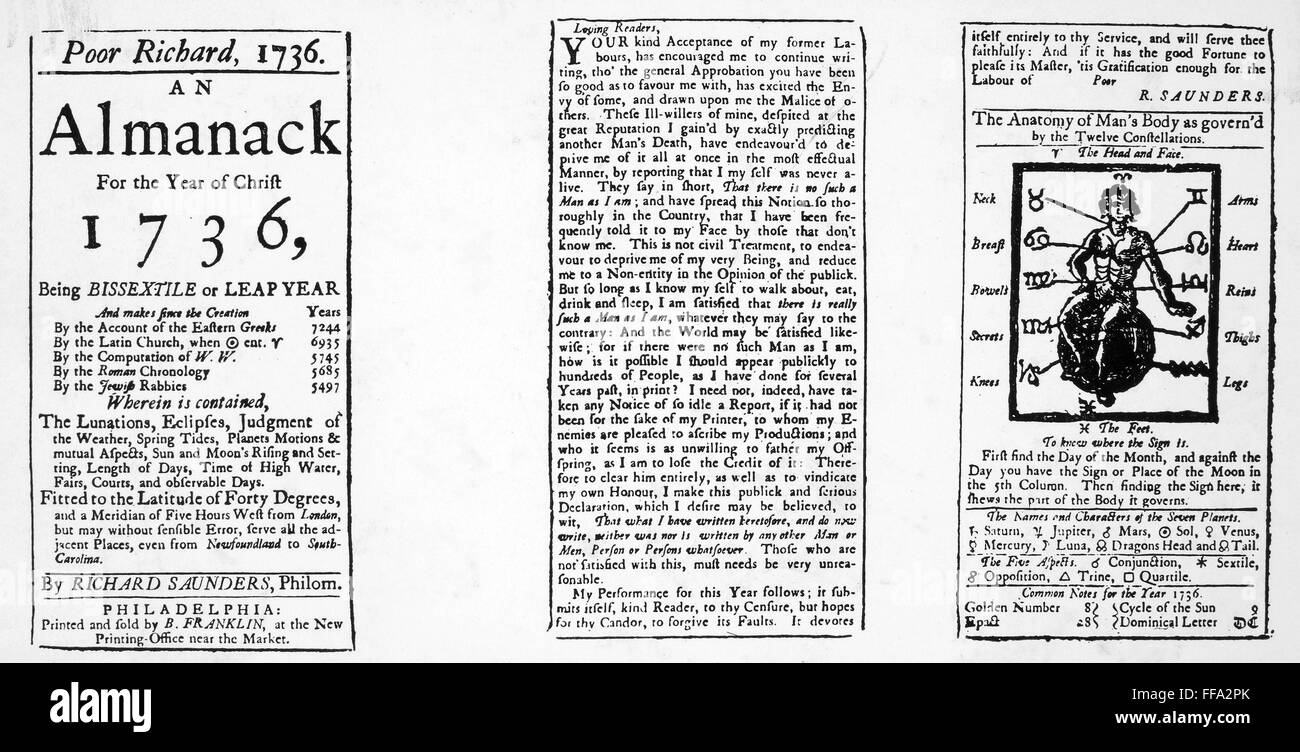 POOR RICHARD'S ALMANAC. /nTitle page and spread of the 1736 edition of ...