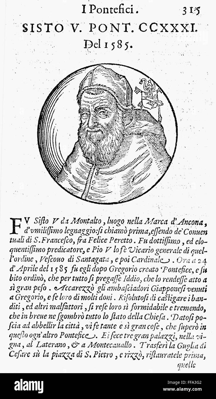 SIXTUS V (1521-1590). /nPope, 1585-1590. Woodcut from 'Le Vite Di Tutti ...