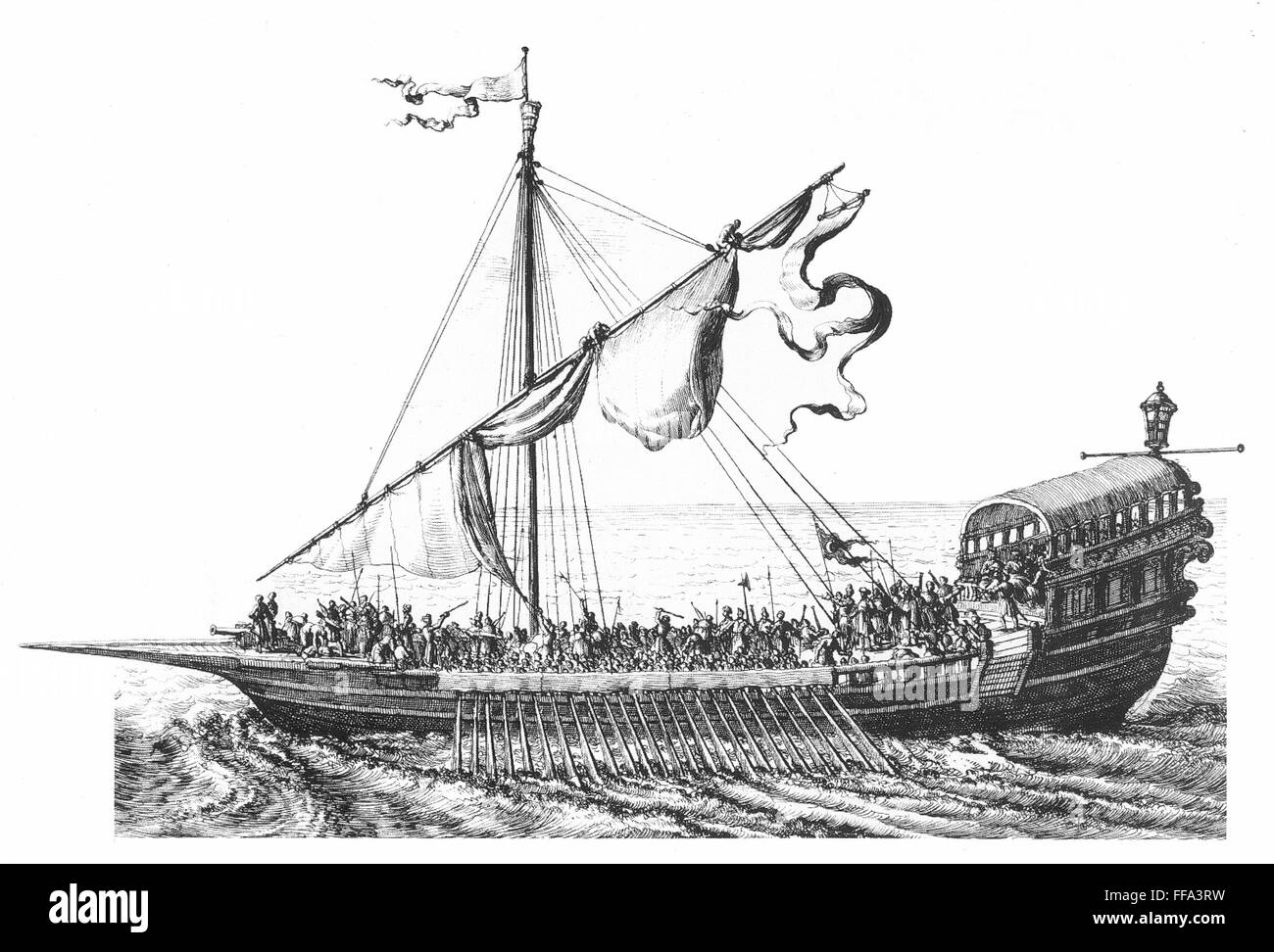 PIRATES: BARBARY COAST /ngalley with ram and bow cannon: line engraving ...