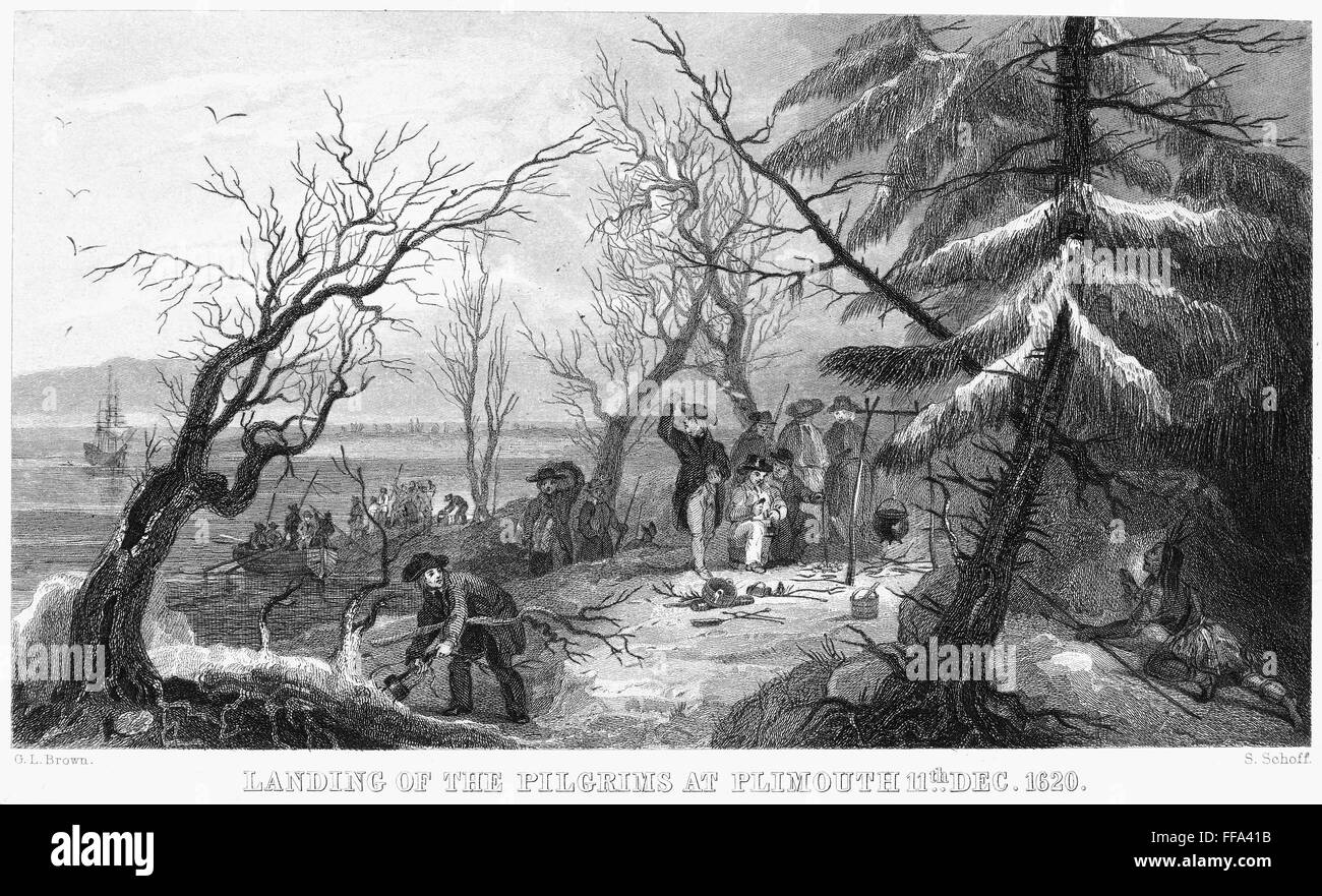 PILGRIMS LANDING, 1620. /nThe Pilgrims landing at Plymouth Rock, 1620 ...