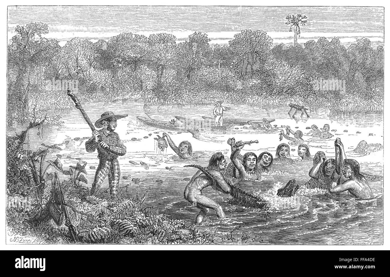 HENRY WALTER BATES /n(1825-1892). At left, holding a club watching ...