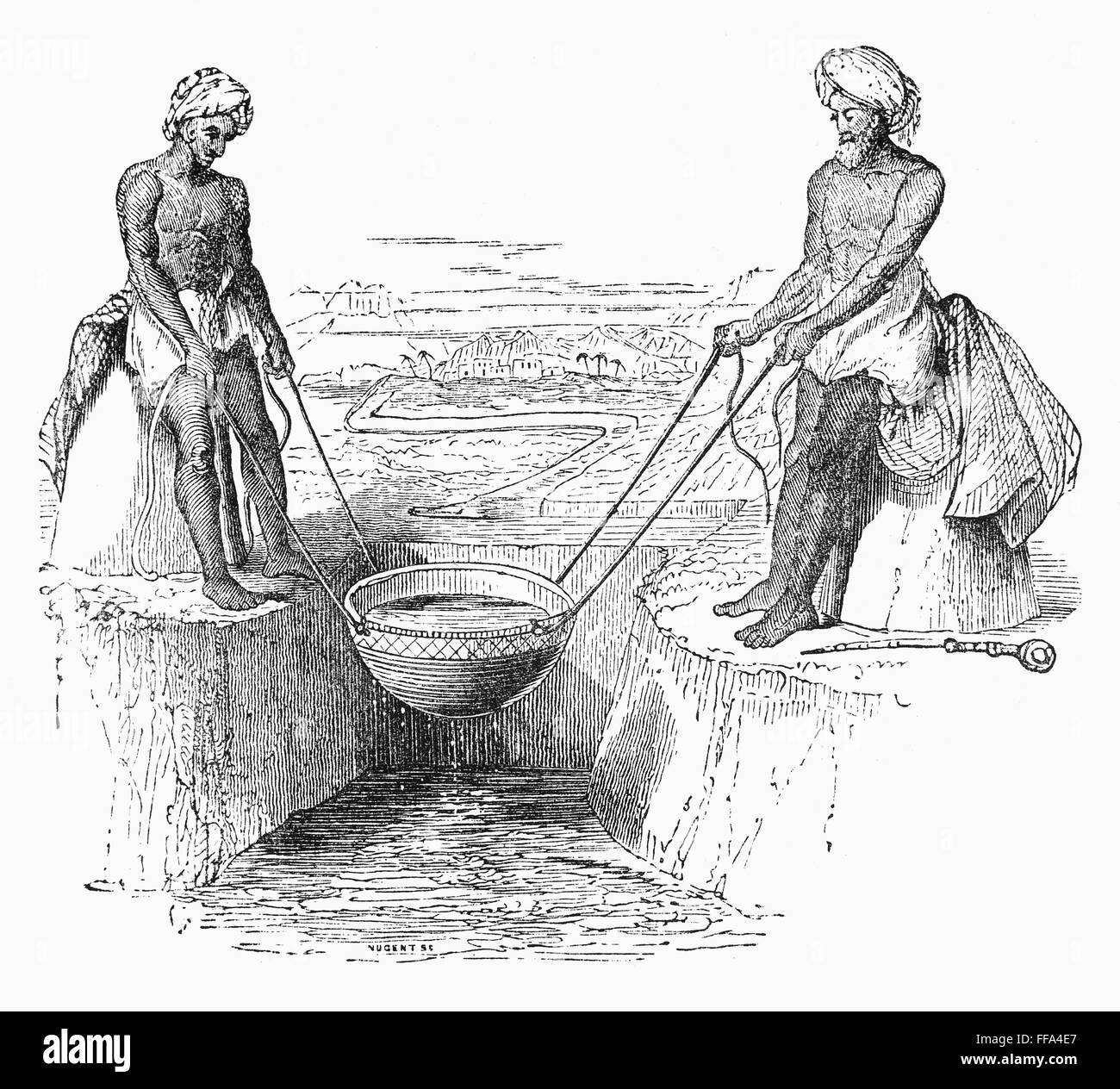 INDIA: SHADOOF IRRIGATION. /nIndian workers using a shadoof for ...