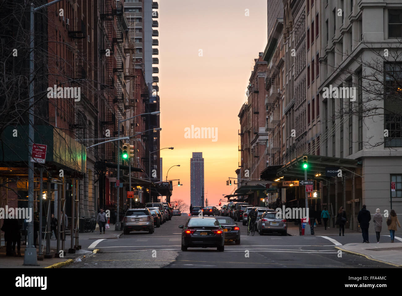 View down North Moore Street in Tribeca, New York City, at sunset. A ...