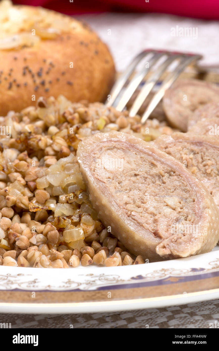 Skin of chicken neck or gooseneck, filled with chicken liver, onion ...