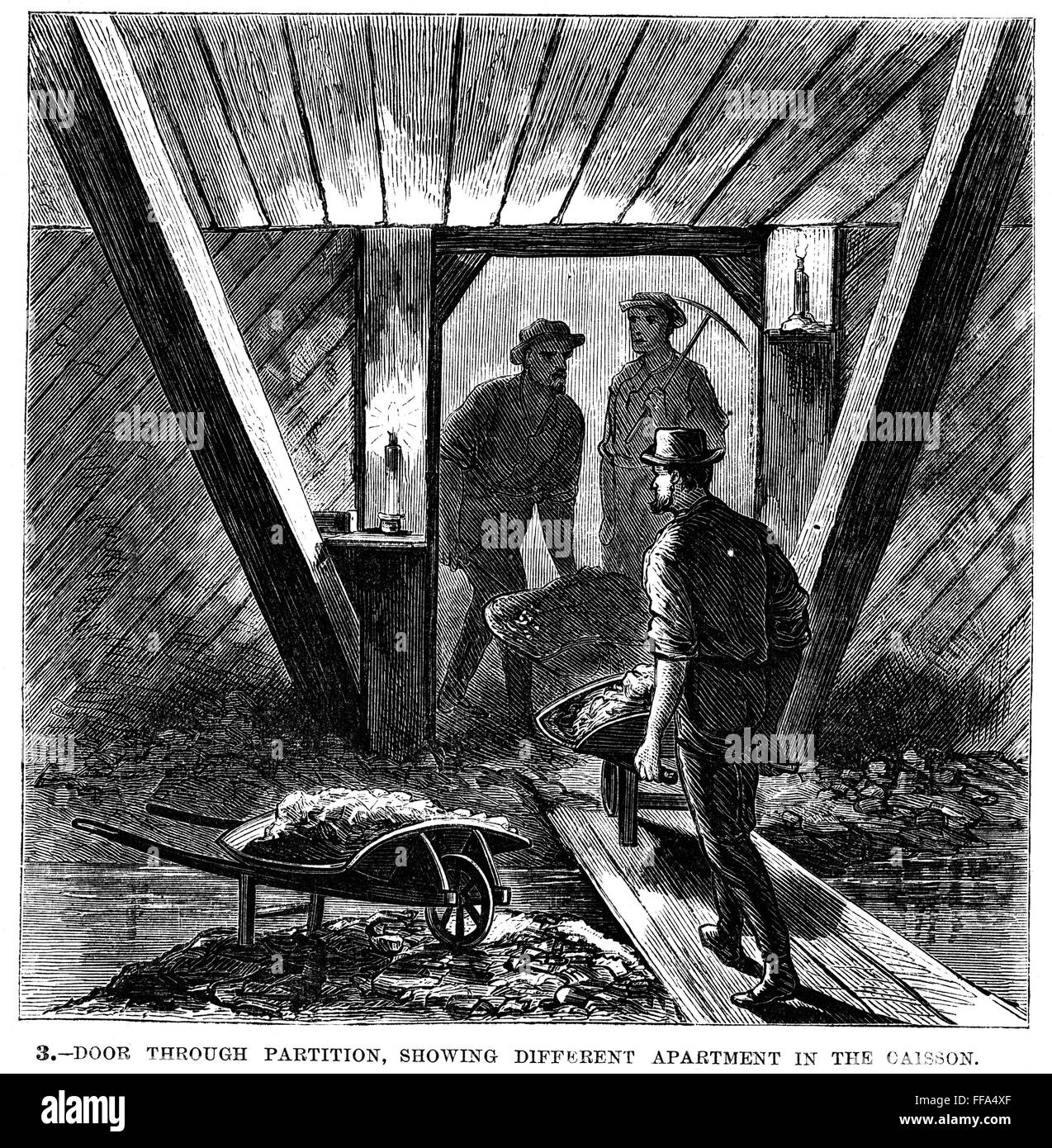 BROOKLYN BRIDGE, 1870. /nLaborers in the caisson at the Brooklyn end of ...