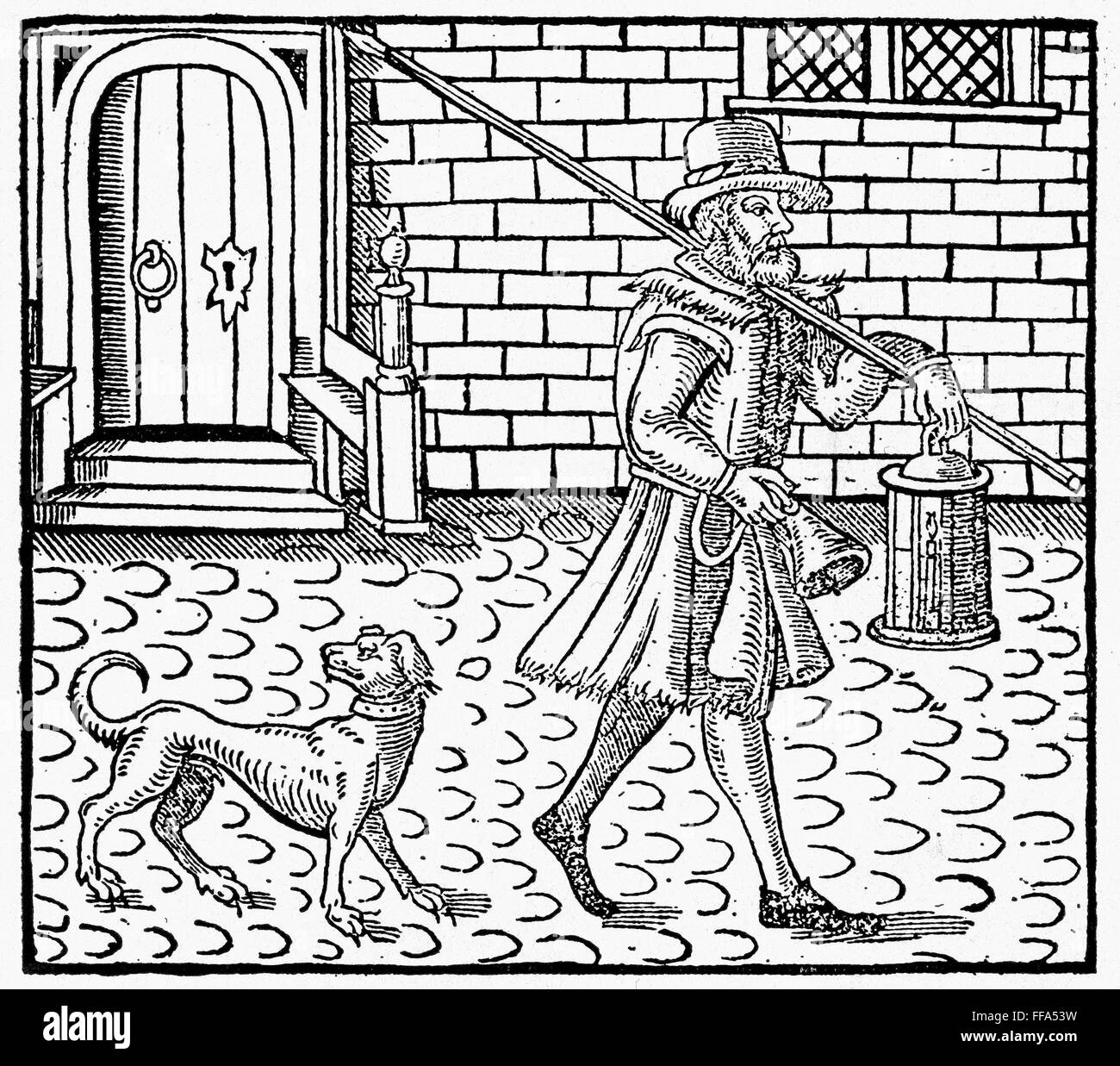 LONDON: NIGHT-WATCHMAN. /nA night-watchman making his rounds in London ...