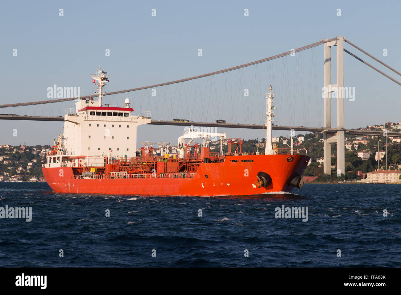 Orange Tanker Ship Passing in Bosphorus Strait Stock Photo - Alamy