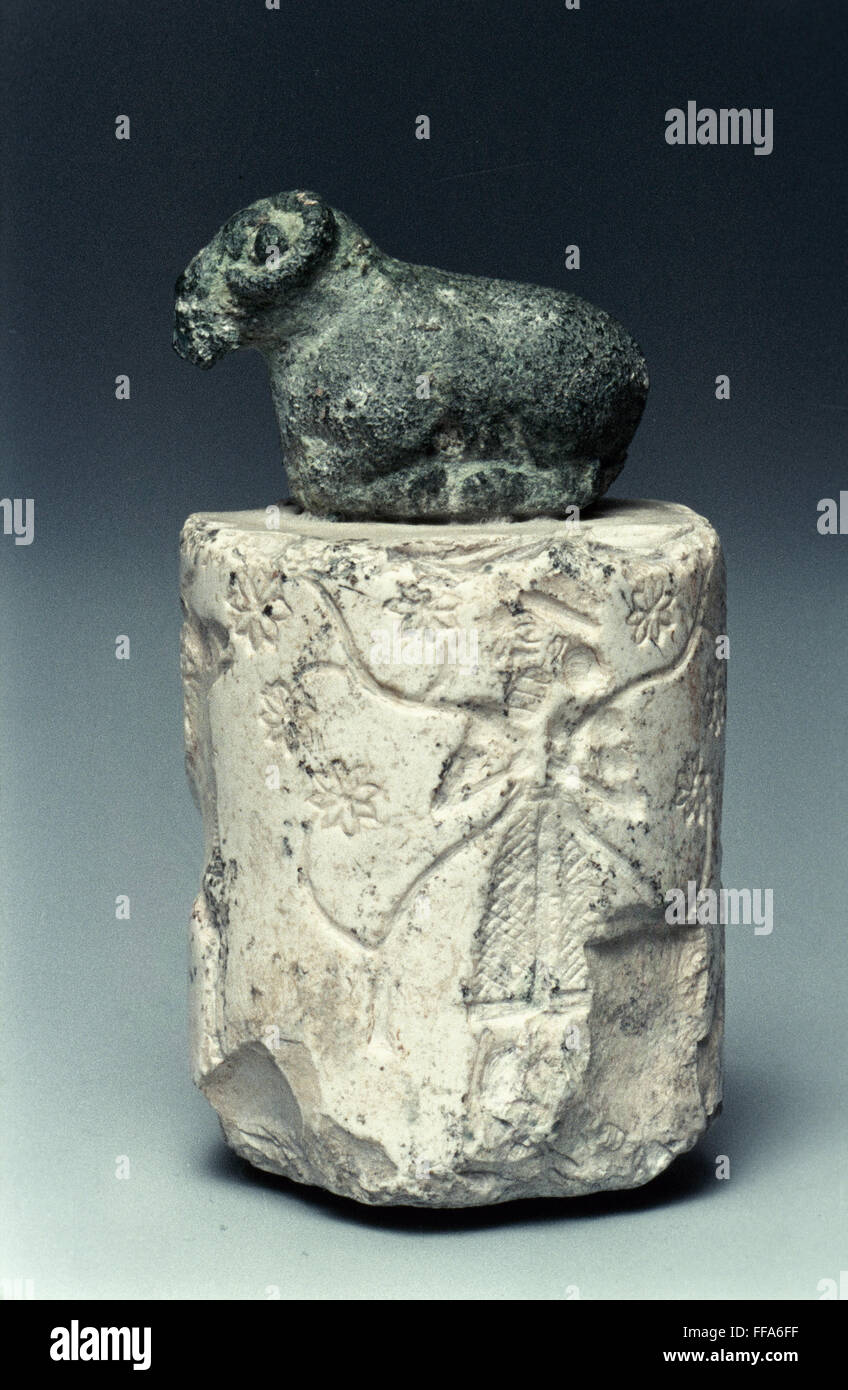 SUMERIAN SEAL. /nMarble cylinder seal with copper hadle from Uruk ...