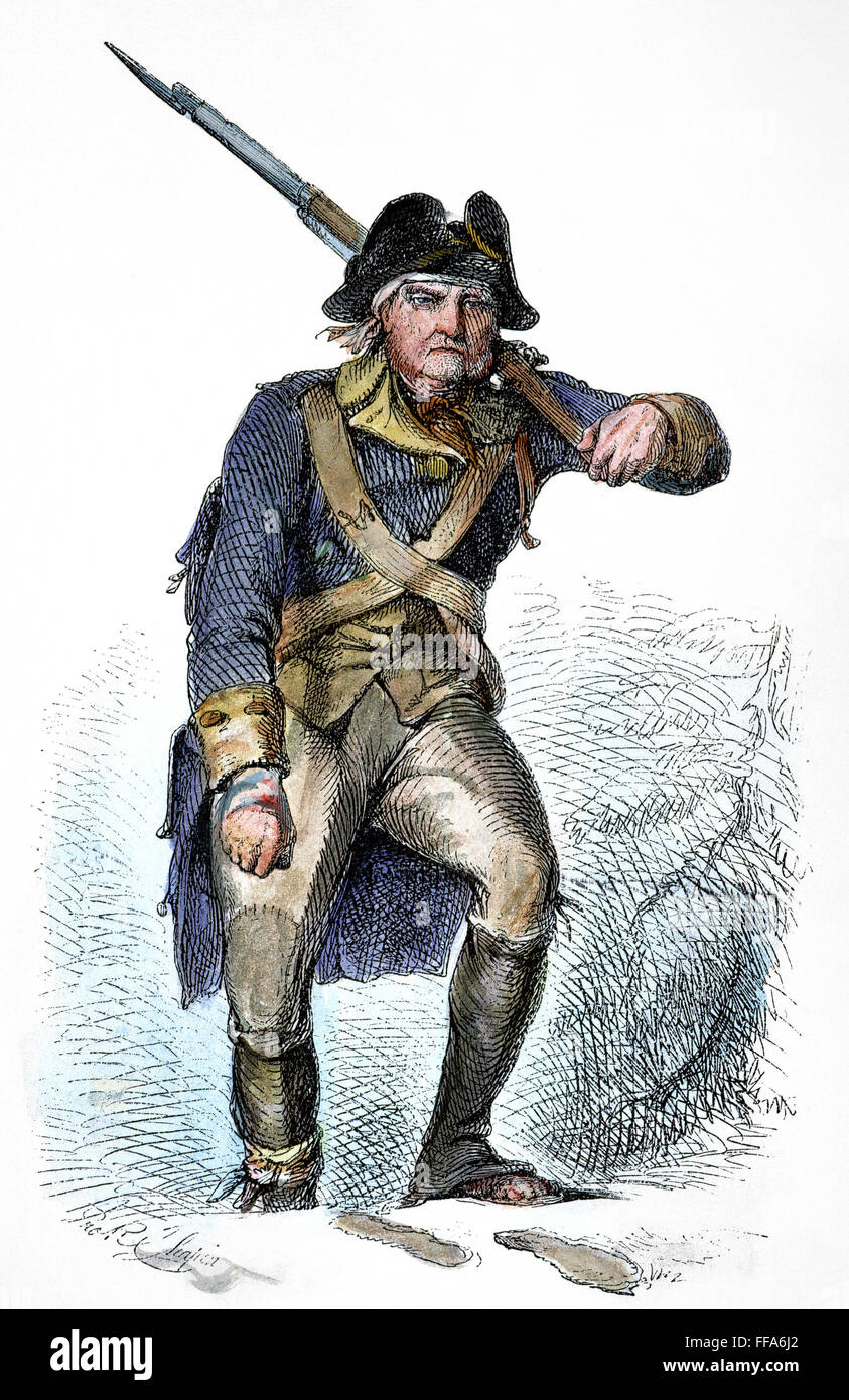 CONTINENTAL SOLDIER, 1777. /nA footsore straggler making his way ...
