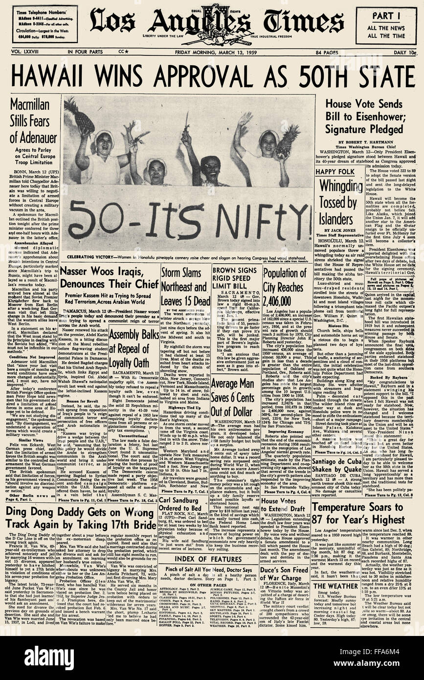 HAWAII STATEHOOD, 1959. /nFront page of the Los Angeles Times, 13 March ...
