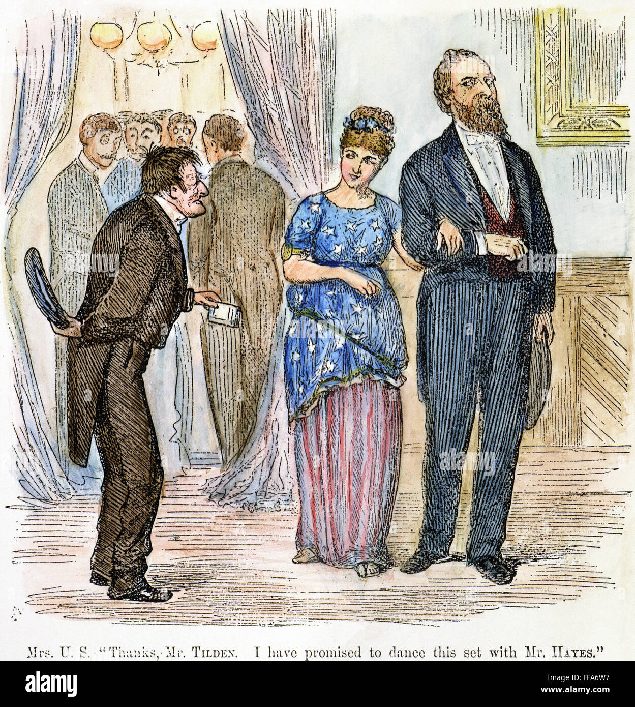 ELECTION CARTOON, 1877. /n'Thanks, Mr Tilden. I have promised to dance ...