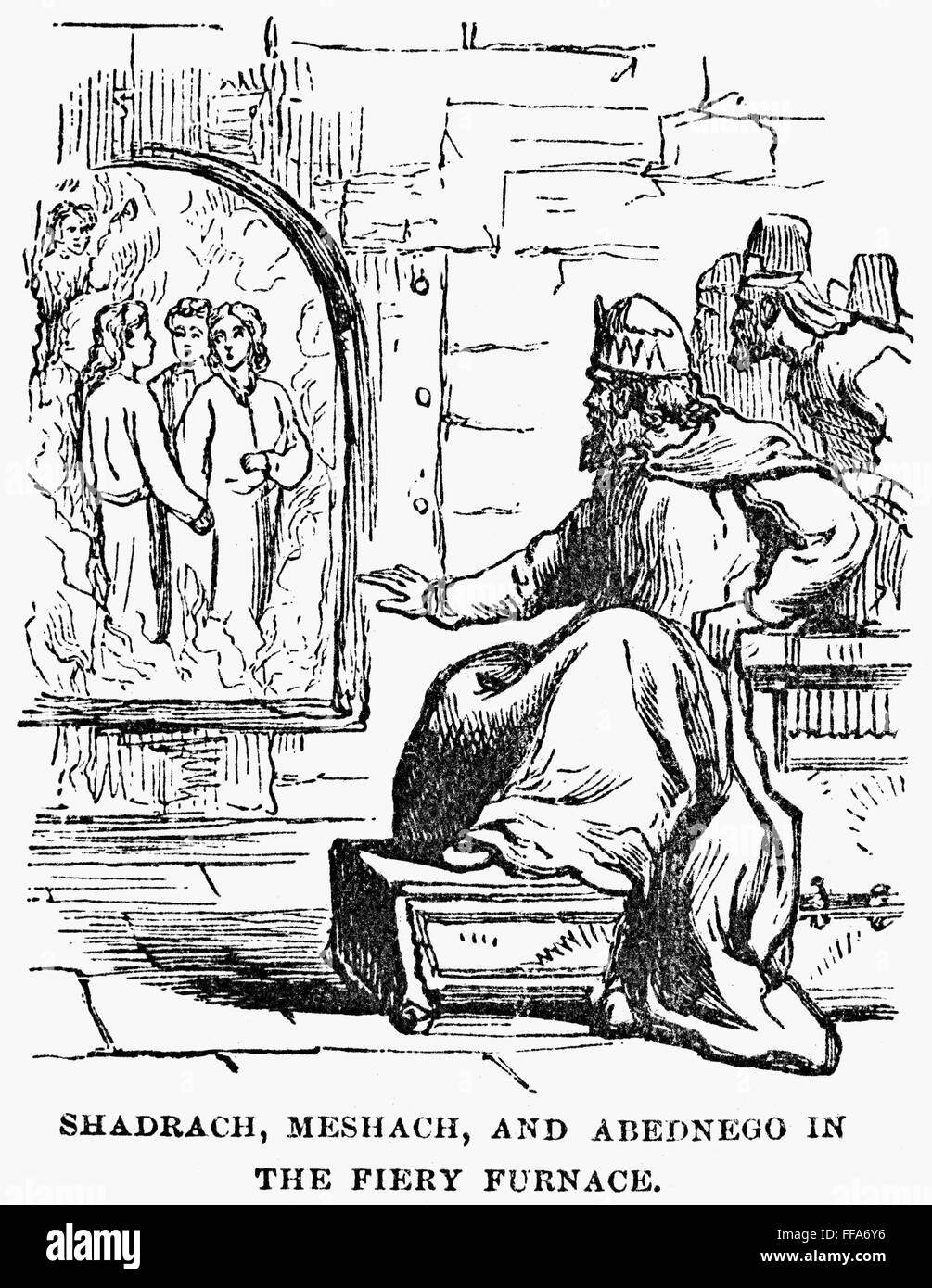 Three hebrews in fiery furnace Black and White Stock Photos & Images ...