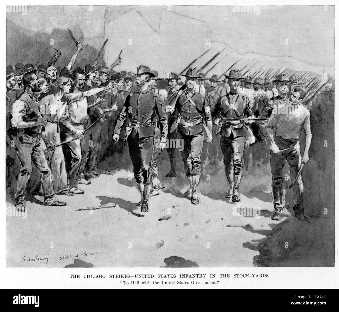 PULLMAN STRIKE, 1894. /nPullman strikers jeering a company of U.S ...