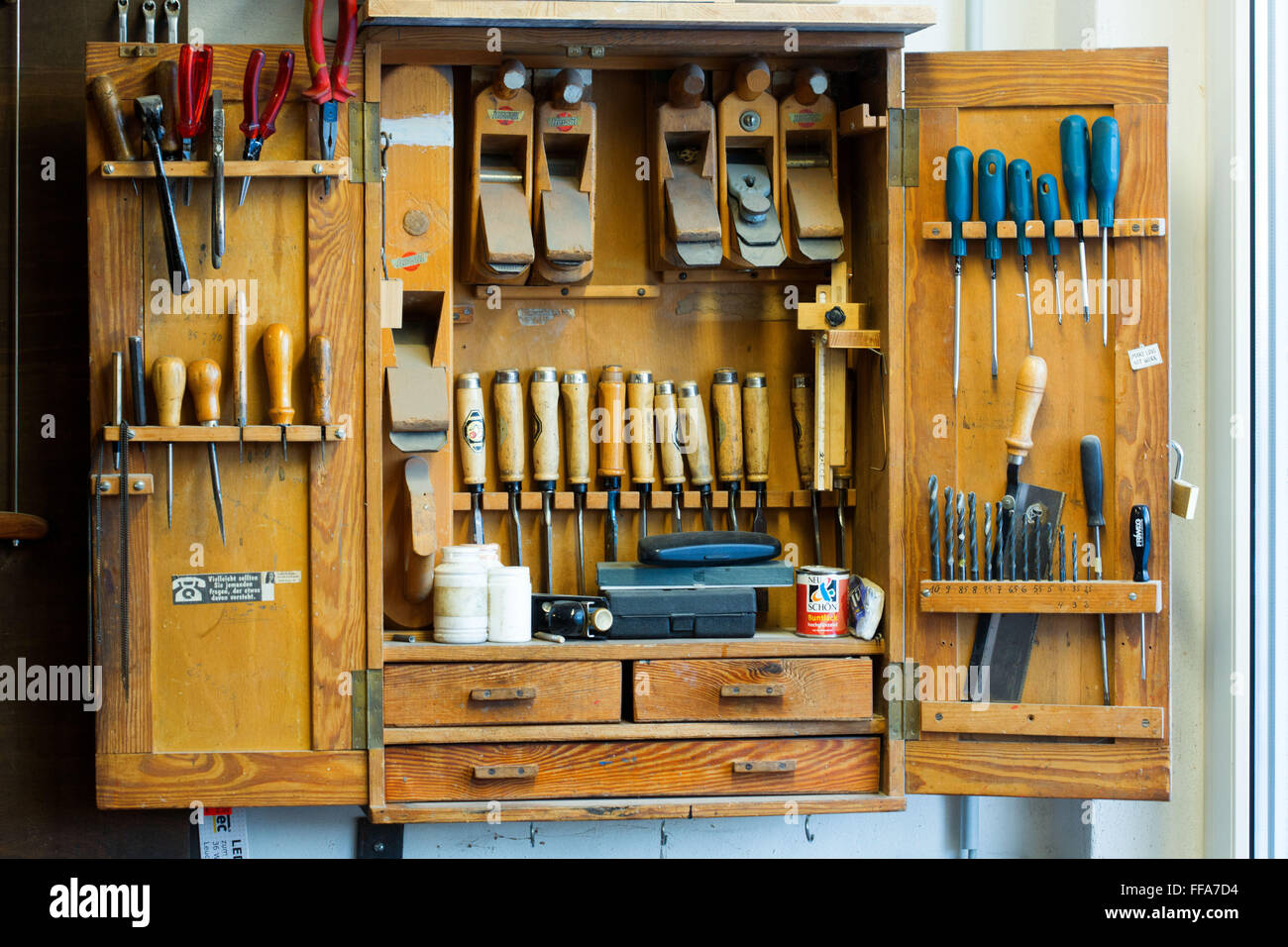 A tool cabinet in the organ workshop in Plau am See, Germany, 22 ...