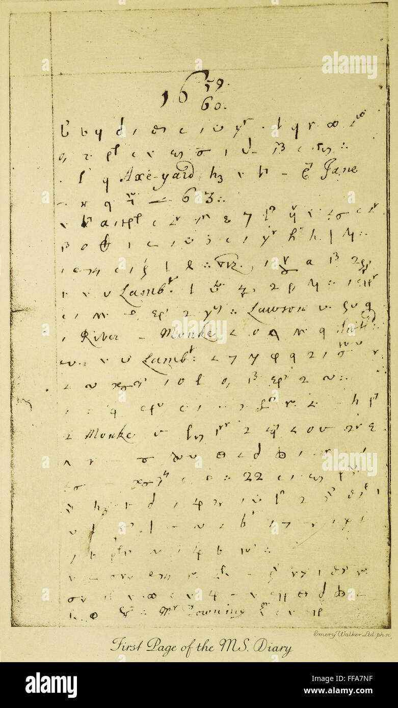 DIARY OF SAMUEL PEPYS /n(1633-1703), English diarist. The first page of Samuel Pepy's manuscript ...