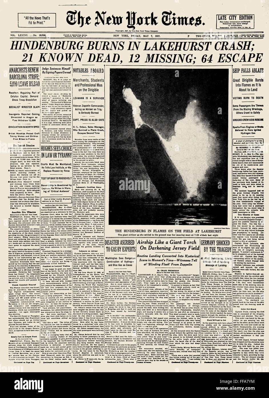 Hindenburg Exploding 1937 Nfront Page Of The New York Times 7 May 1937 Reporting On The