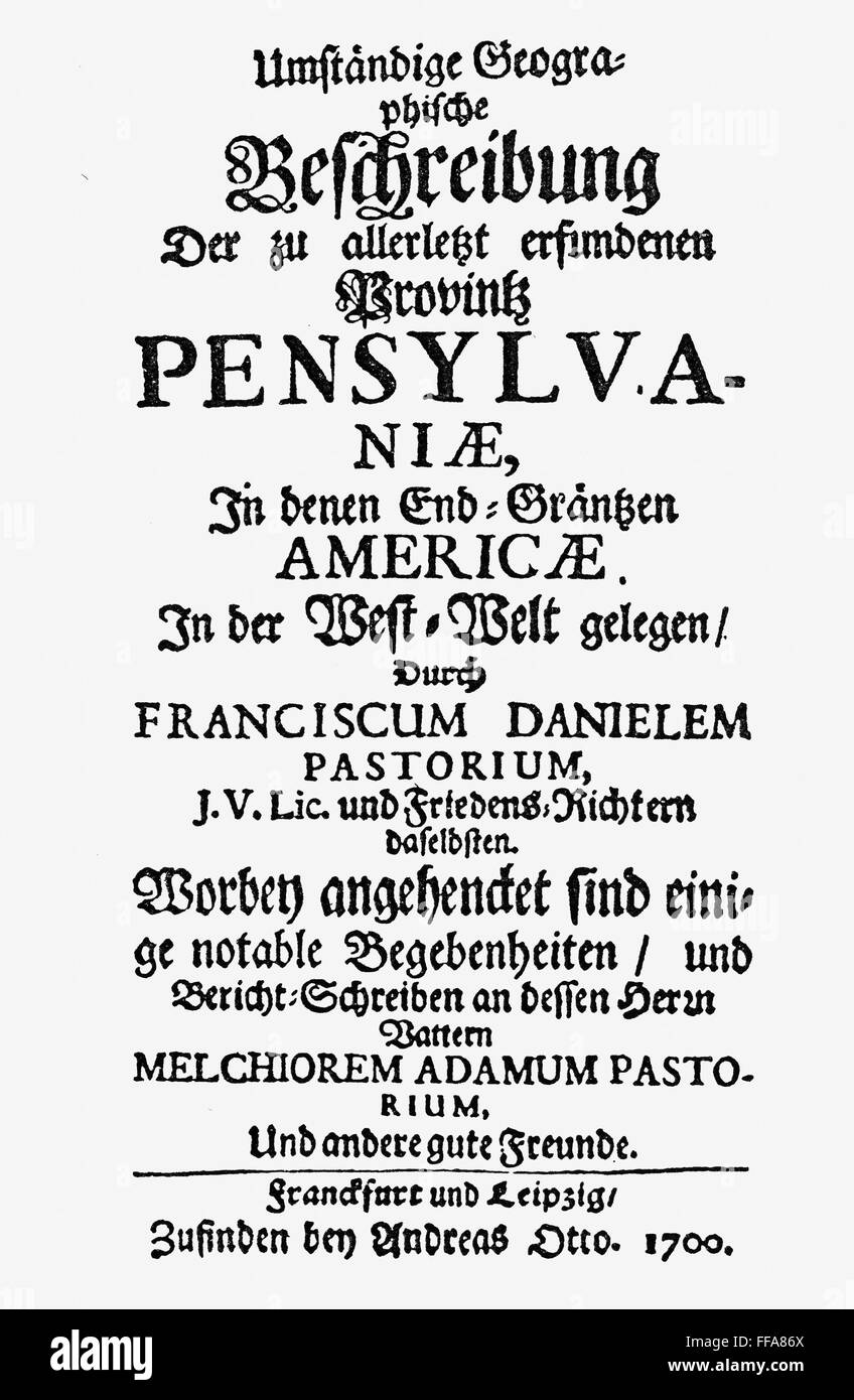 PASTORIUS: PENNSYLVANIA./nTitle page of 'Detailed Description of the ...