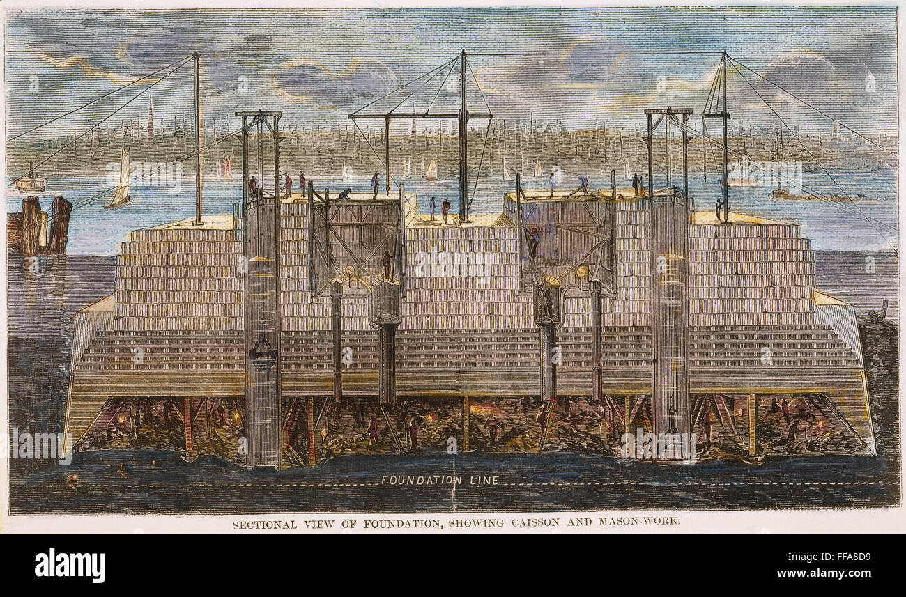 BROOKLYN BRIDGE, 1870. /nSectional view of the caisson and masonry ...