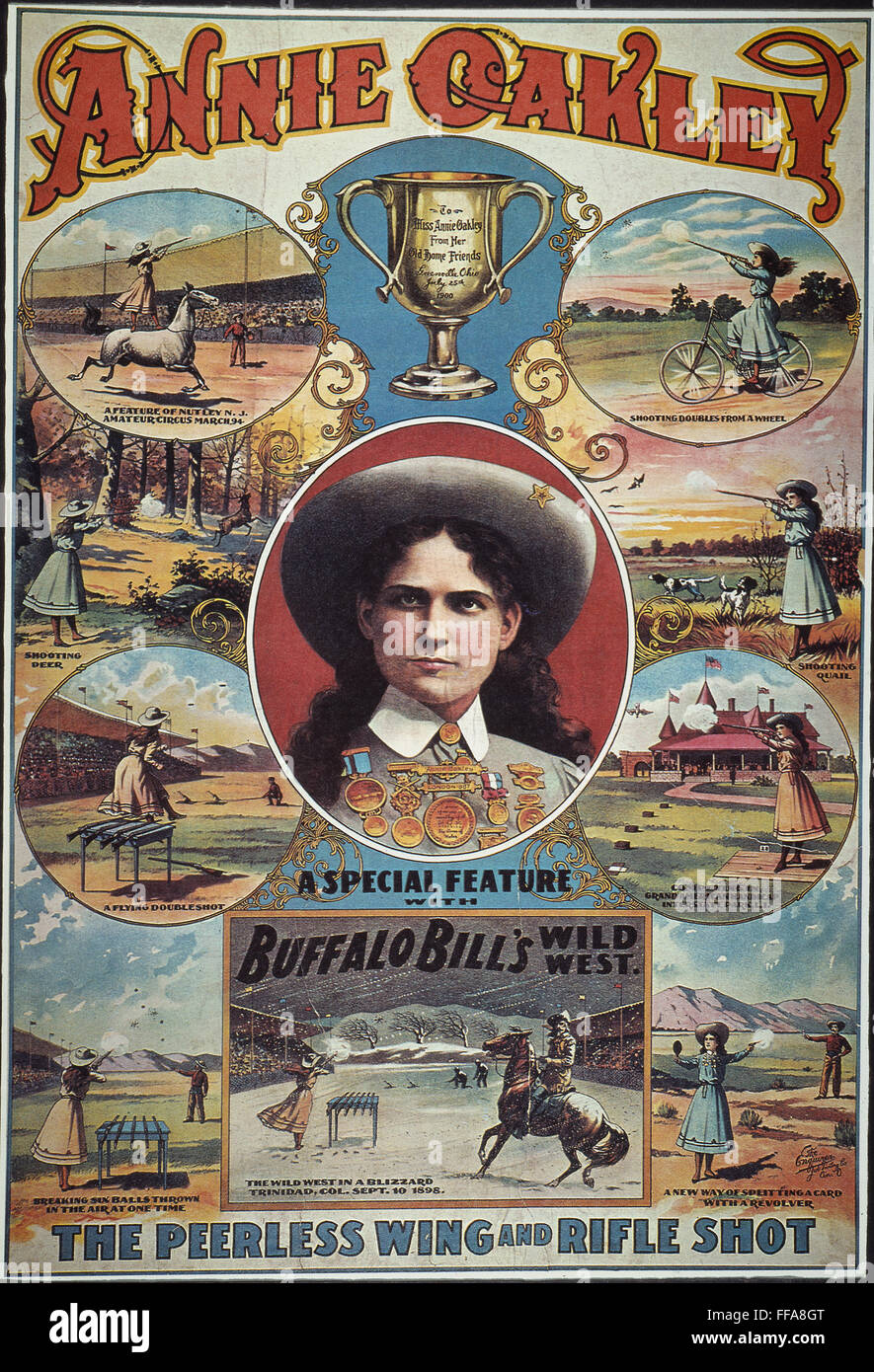 ANNIE OAKLEY POSTER, 1901. /nFour-color poster featuring Annie Oakley ...