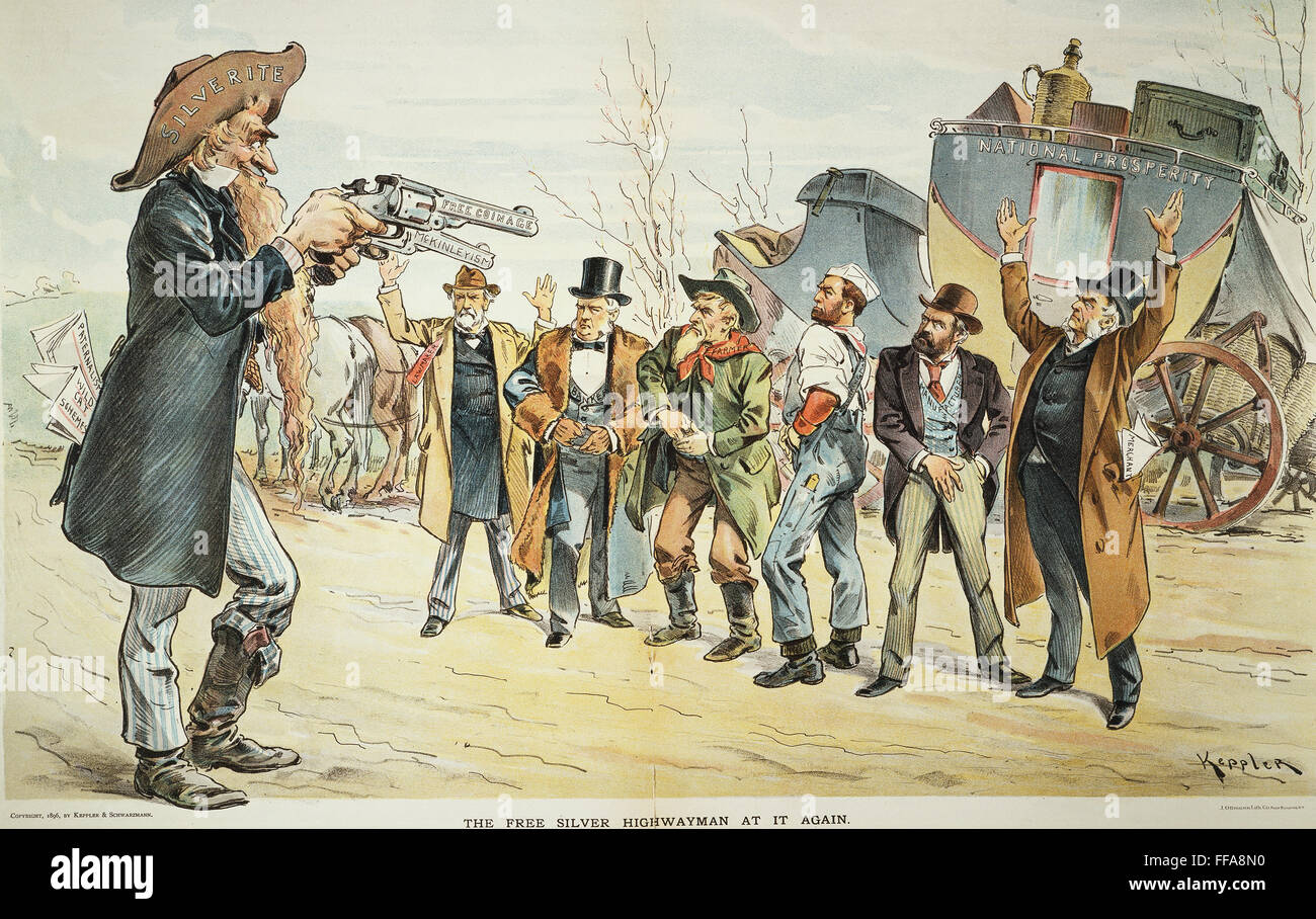 FREE SILVER CARTOON, 1896. /n'The Free Silver Highwayman at it Again ...
