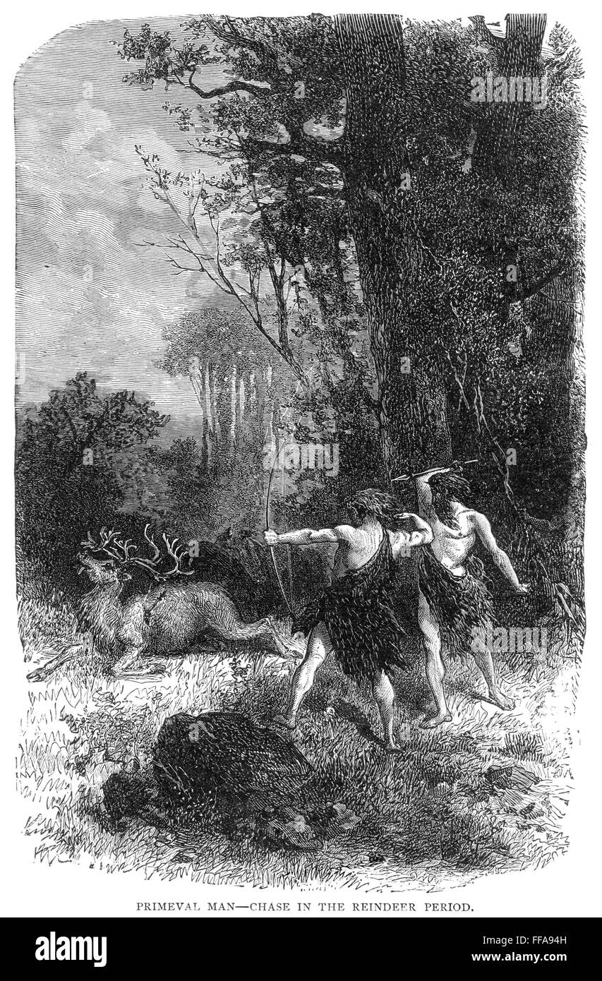 PREHISTORIC HUNTERS. /nPrimeval men on a chase in the Reindeer Period ...