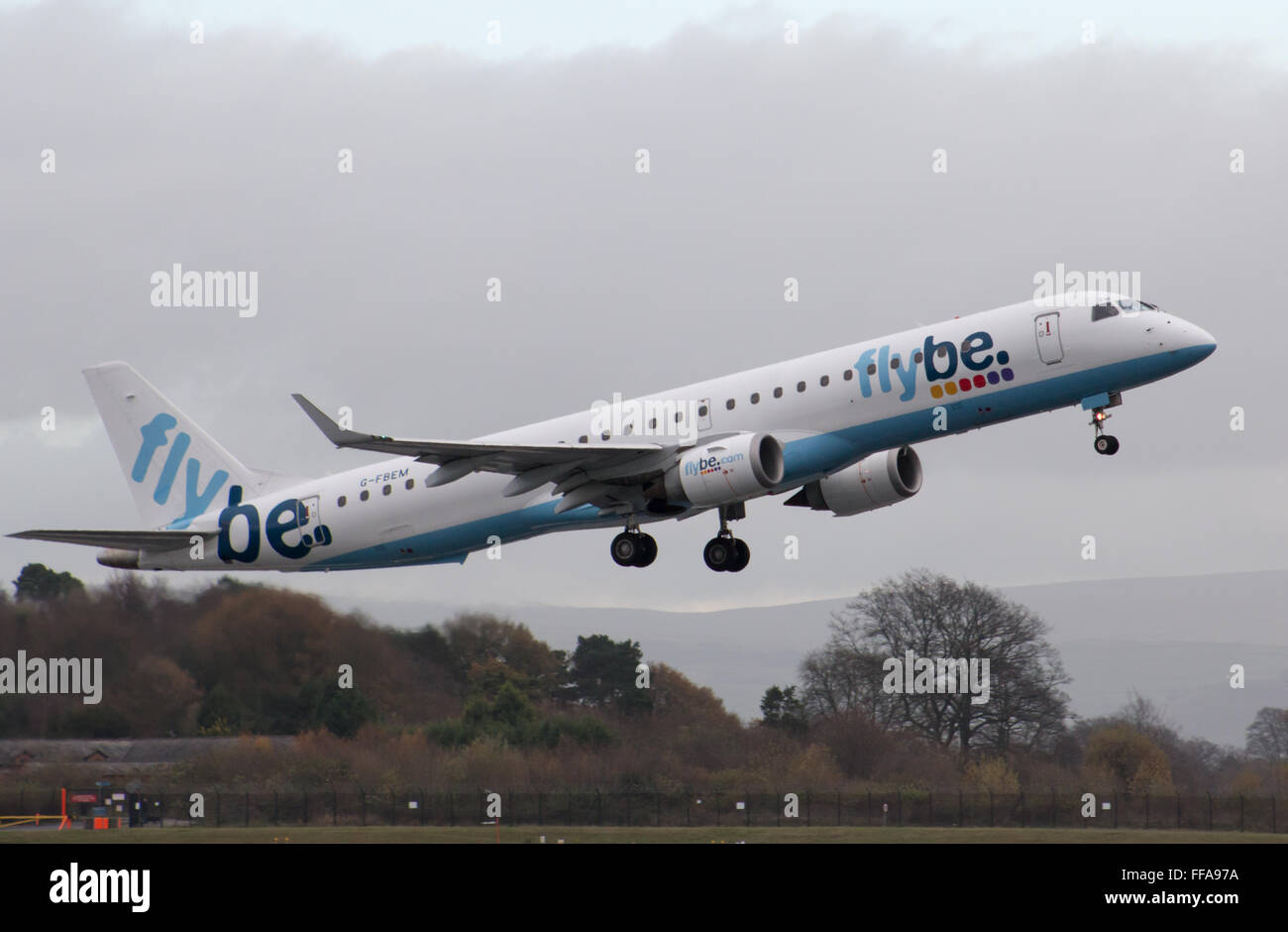 Flybe Embraer E195 narrow-body regional passenger plane (G-FBEM) taking ...