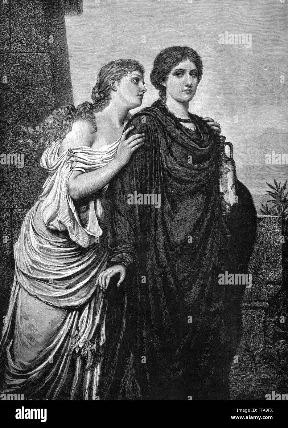 ANTIGONE /nwith her sister, Ismene (left): line engraving, 19th century ...