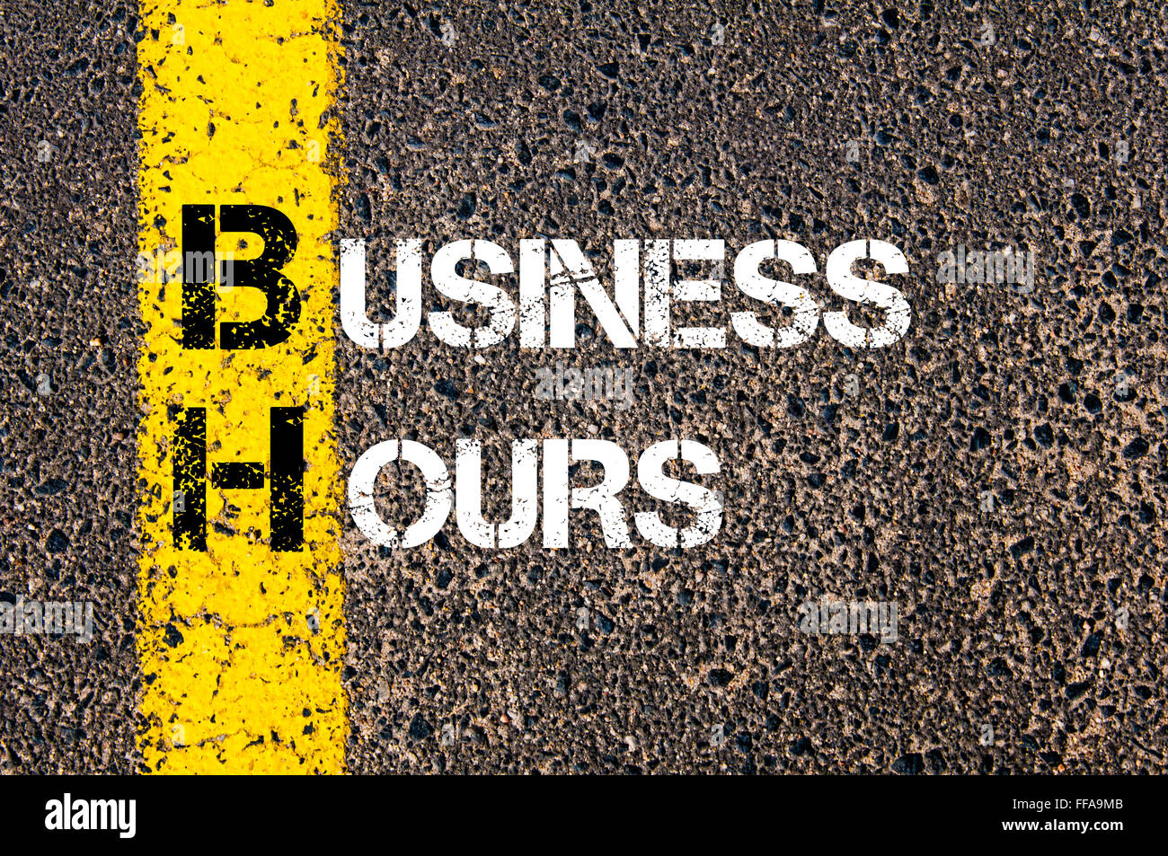 Concept image of Business Acronym BH Business Hours written over road ...