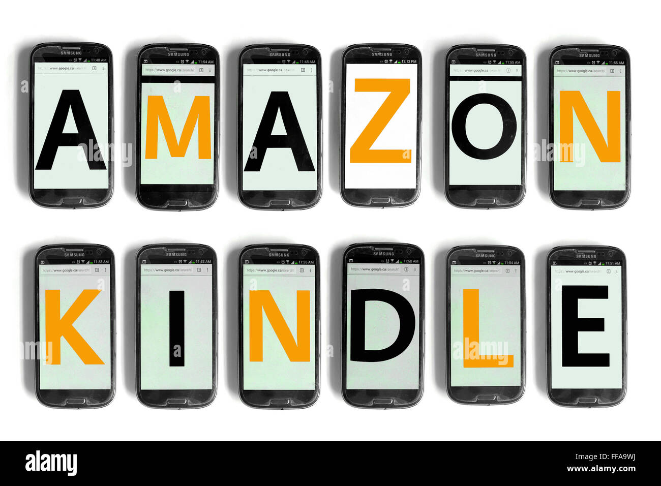 Amazon Kindle on the screens of smartphones photographed against a ...