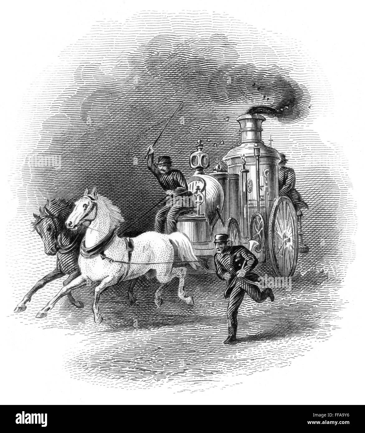 FIRE ENGINE. /nAmerican horse-drawn steam powered fire engine, c.1870 ...