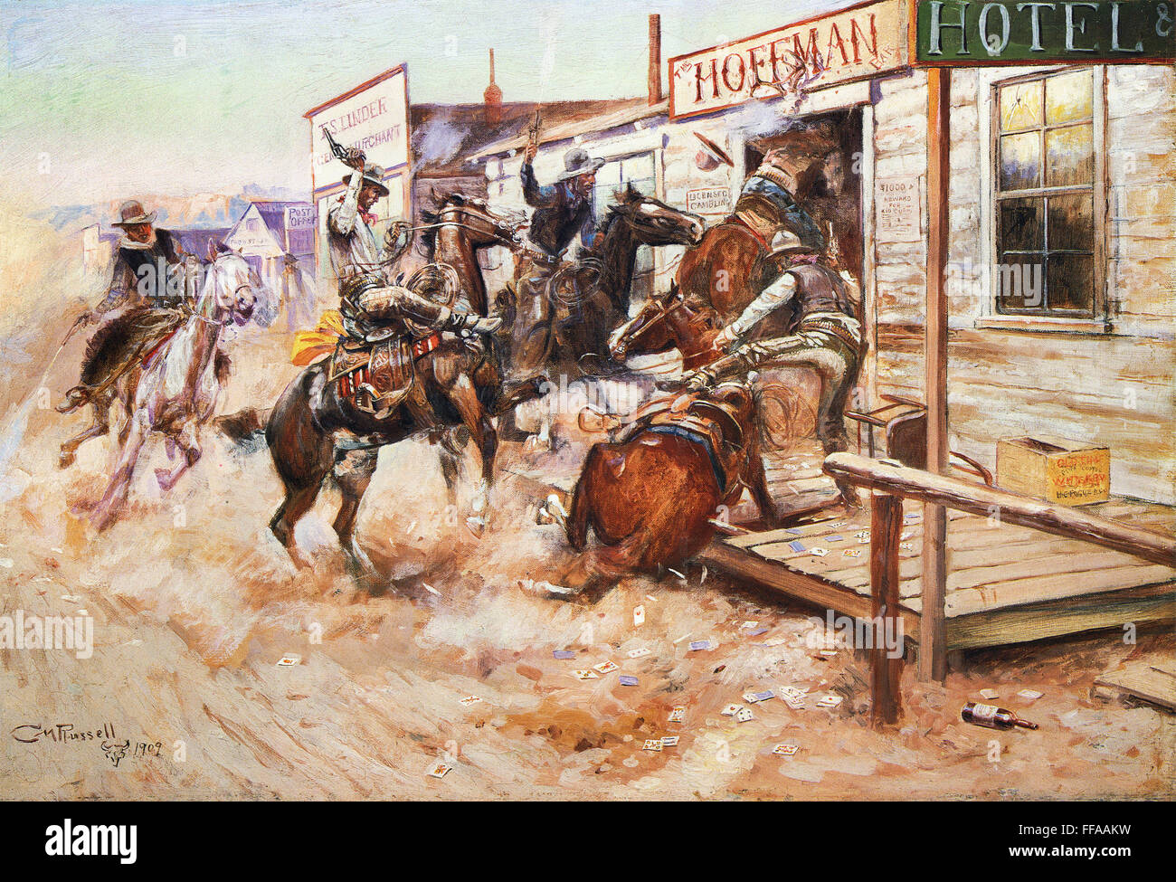 RUSSELL COWBOY ART, 1909./n'In Without Knocking.' Oil on canvas, 1909 ...