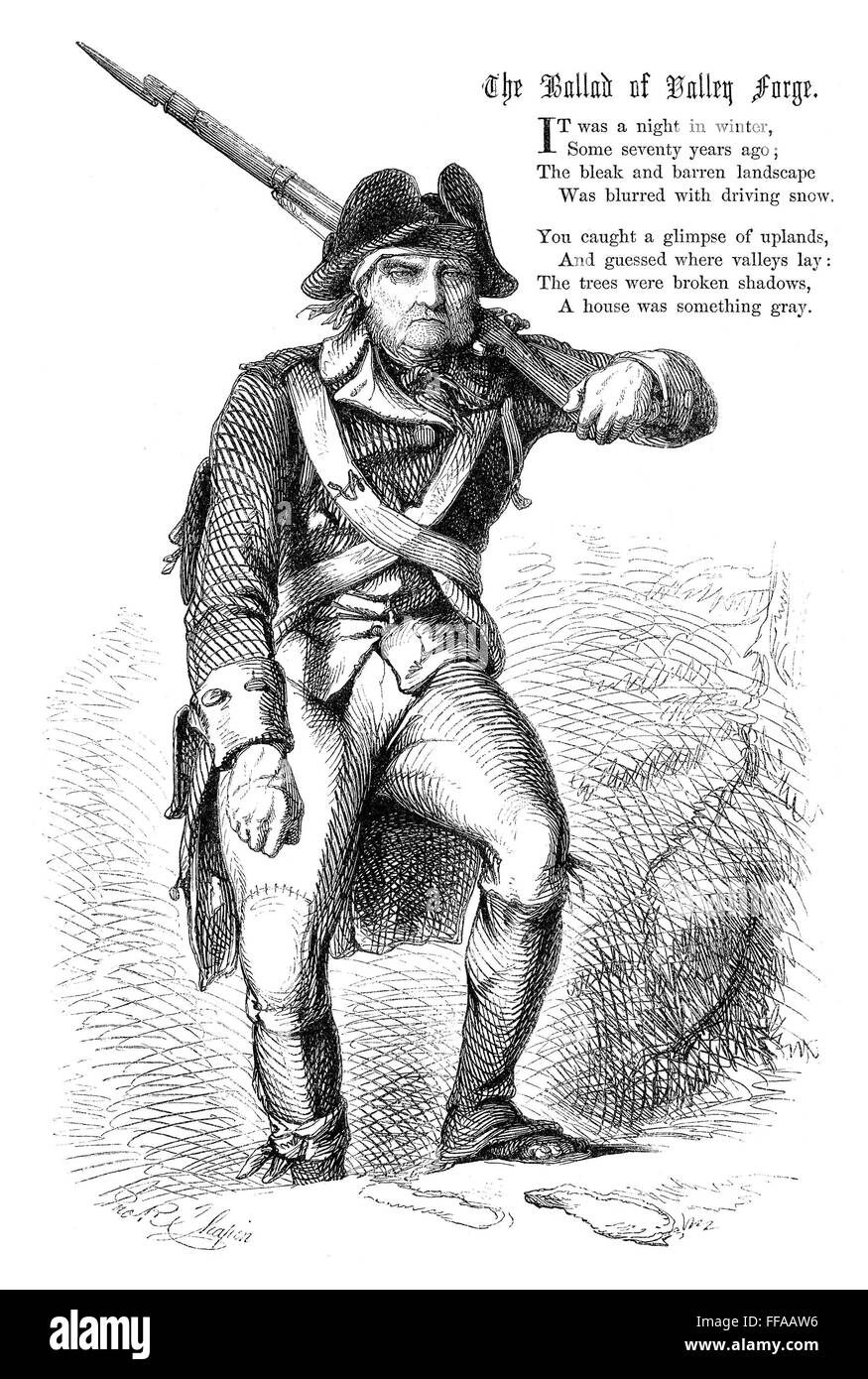 CONTINENTAL SOLDIER, 1777. /nA footsore straggler making his way ...