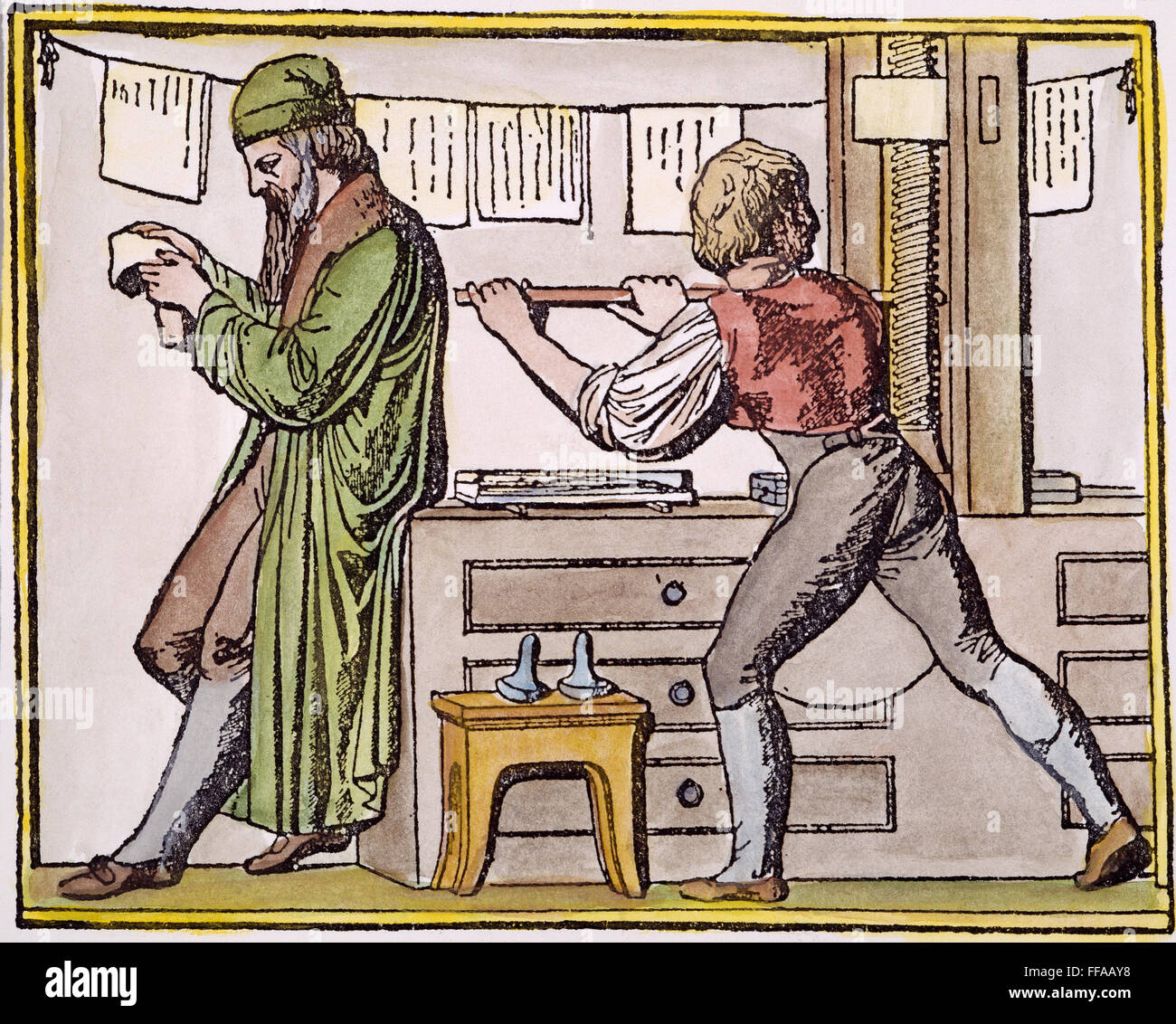 GUTENBERG & PRINTING PRESS. /nGutenberg (1400?-1468) examining a proof ...