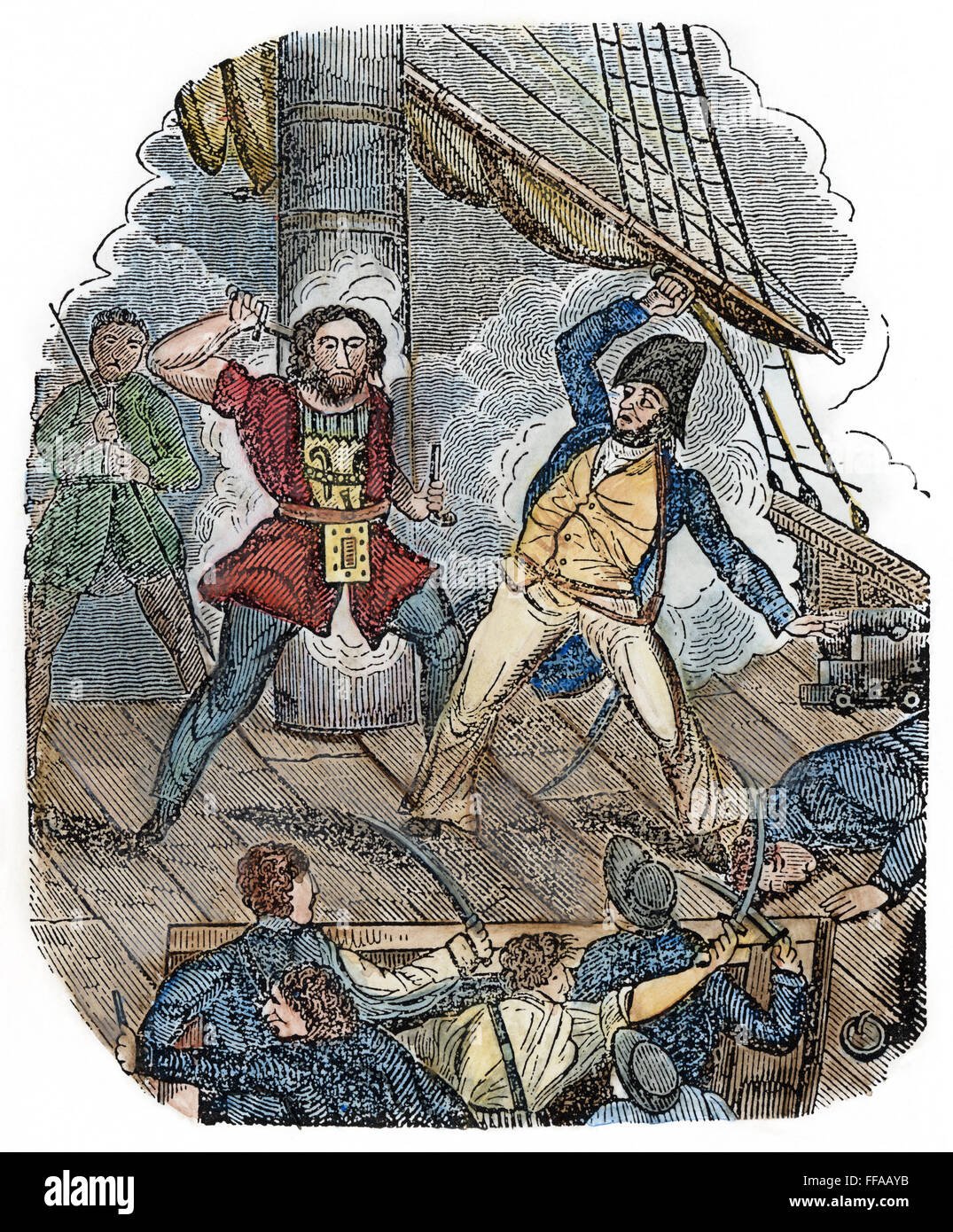 TEACH AND MAYNARD, 1718. /nEdward Teach, the English pirate better known as Blackbeard, fighting ...