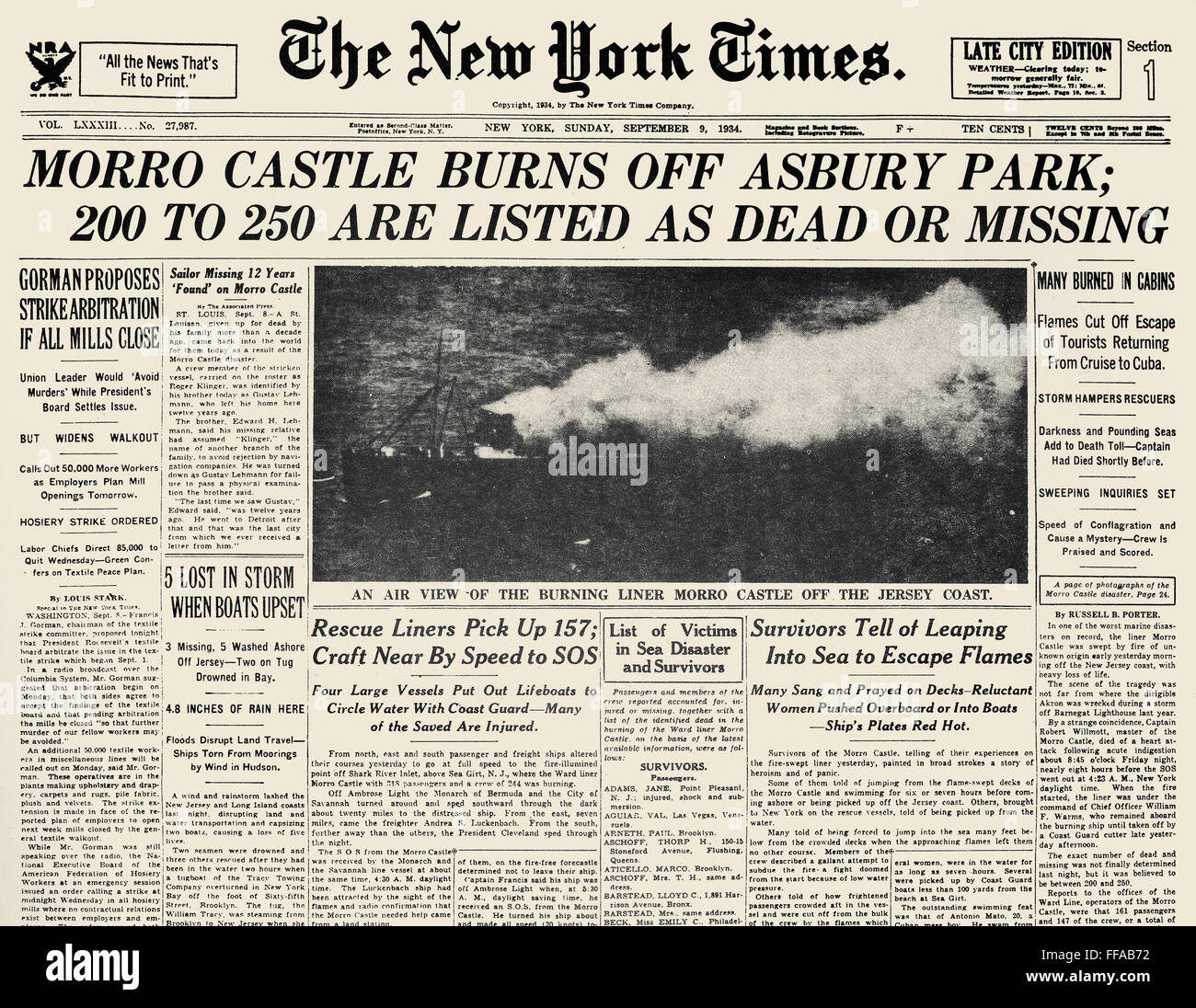 MORRO CASTLE FIRE, 1934. /nFront page of the New York Times about the ...